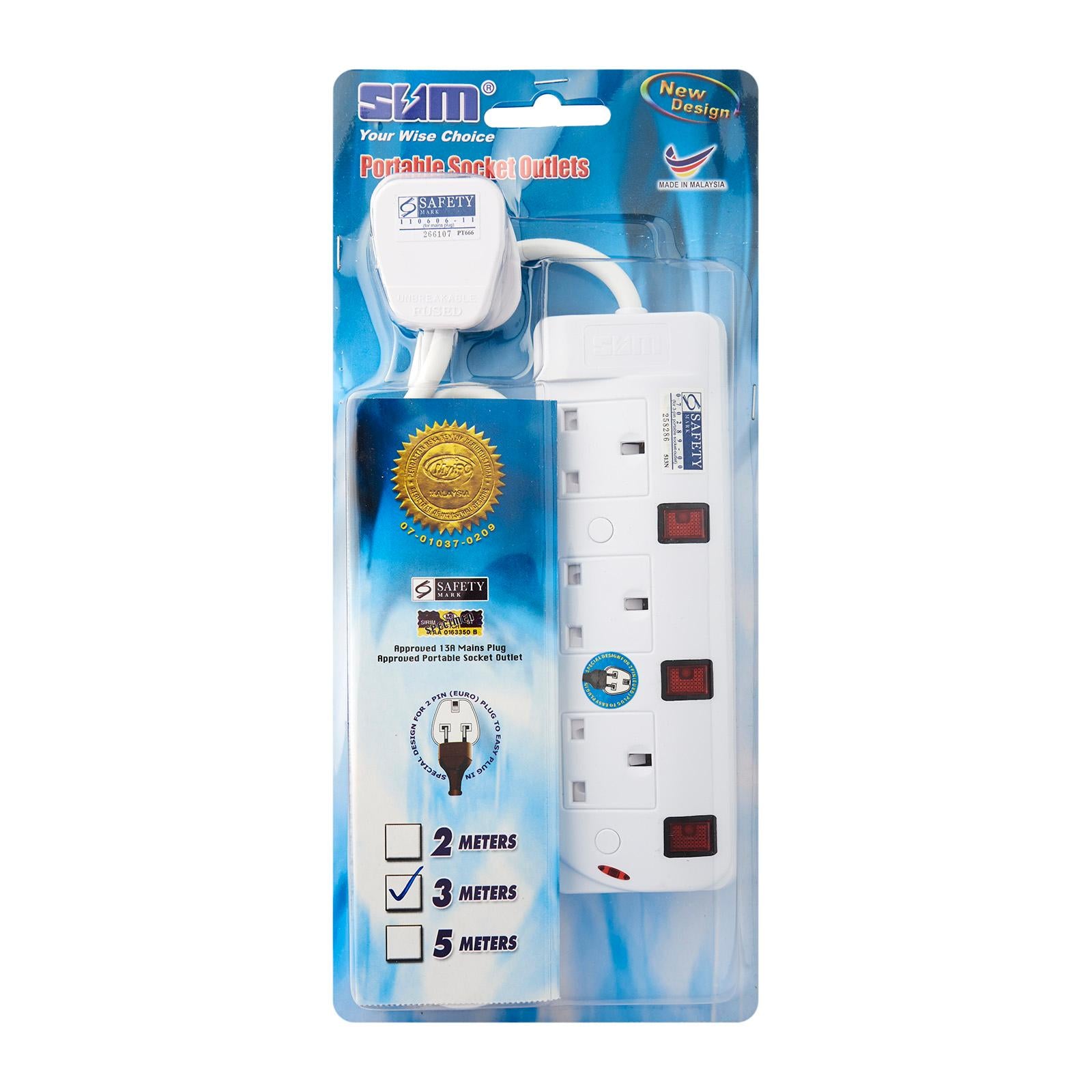 3 Outlets 3 Pin Portable Socket (3M) – greenleif.sg
